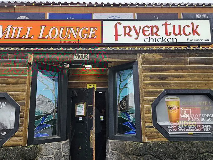 The rustic log cabin exterior of Cider Mill & Fryer Tuck promises no pretension&mdash;just seriously good chicken behind those stained glass windows.