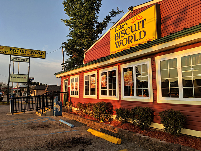 Bathed in golden sunset light, Tudor's distinctive silhouette signals to hungry travelers that biscuit nirvana is just steps away.