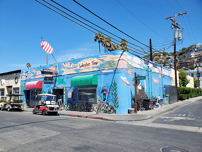 The ocean literally jumped onto a building! This vibrant blue seafood shack with its underwater mural is Catalina Island's answer to the question, "Where should we eat today?"
