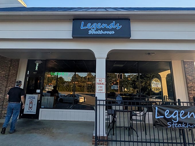 The blue neon sign glows like a beacon for hungry travelers. Legends Steakhouse doesn't need fancy frills when the food speaks volumes.