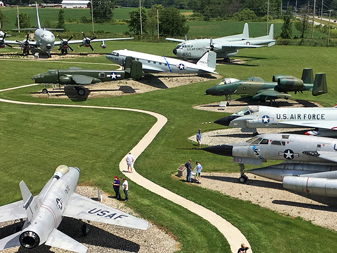 A bird's-eye view of aviation history spread across Indiana farmland. These magnificent machines once ruled the skies, now peacefully resting in Peru.