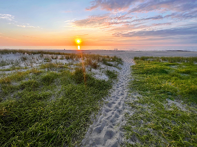 Nature's own red carpet unfurls toward the Atlantic, complete with golden hour lighting that Hollywood directors envy.