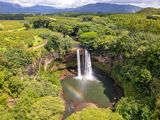 Nature's perfect postcard: Wailua Falls plunges dramatically into a misty pool, complete with its own rainbow accessory.