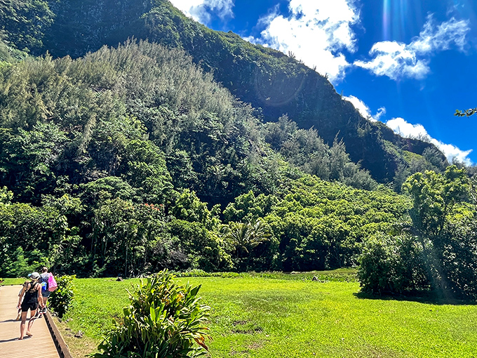Nature's skyscraper: The lush mountain backdrop at Hā'ena State Park makes Manhattan's skyline look like amateur hour. Paradise, unfiltered.