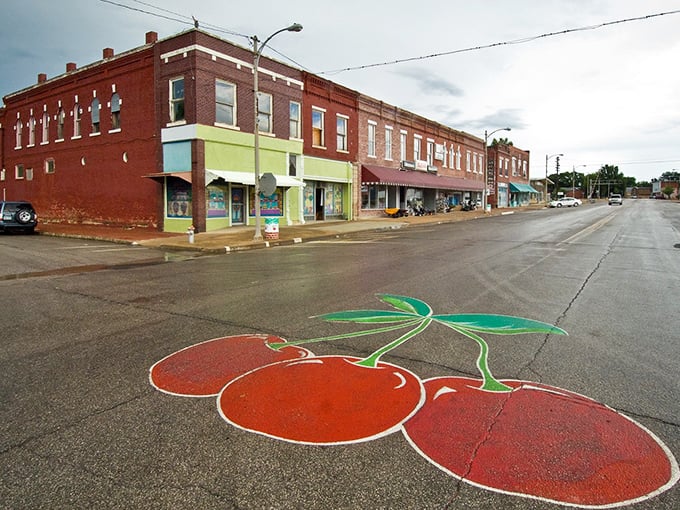 Downtown Cherryvale greets visitors with a charming cherry design painted right on Main Street &ndash; a sweet welcome to this quintessential small-town America.