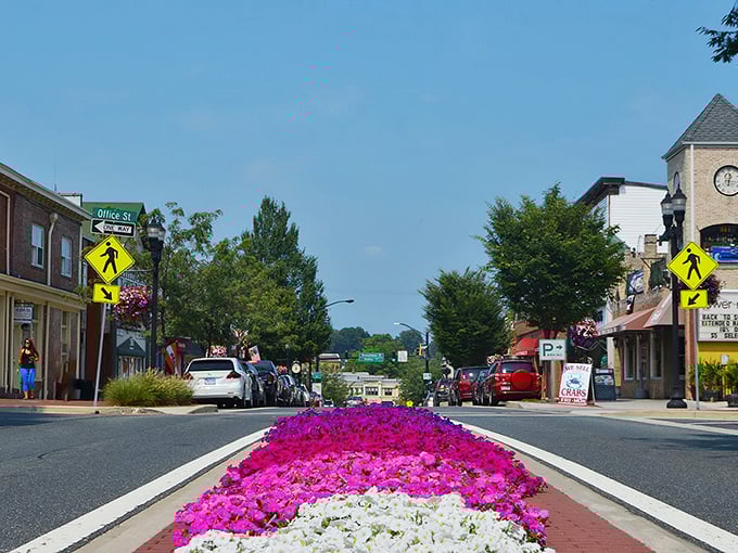 Nature meets urban planning in this floral masterpiece dividing Main Street &ndash; like a runway for small-town charm.