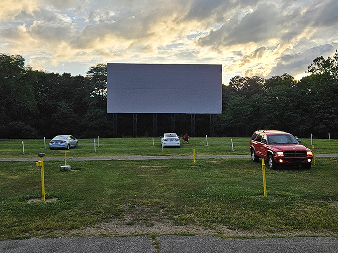 Cars lined up facing the massive white screen, headlights dimmed in anticipation. Movie magic awaits under the Ohio sky.