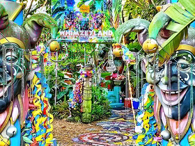The entrance to Whimzeyland beckons like a portal to another dimension, where jester guardians welcome you into a kaleidoscopic fever dream.