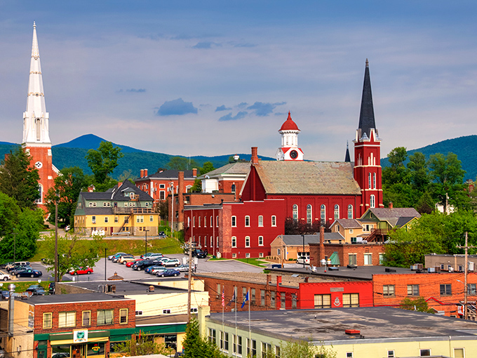 Rutland's skyline is a postcard come to life, where church spires compete for attention against the backdrop of Vermont's rolling green mountains.