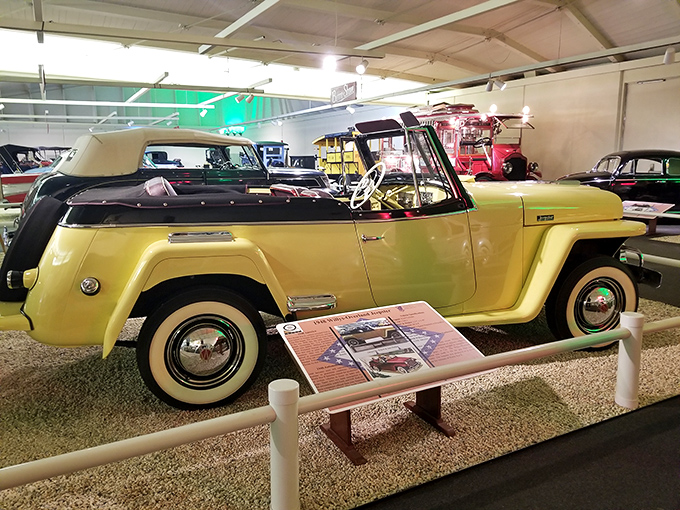 The sunshine-yellow 1948 Willys Jeepster convertible practically begs for a coastal highway and a soundtrack of Beach Boys classics.