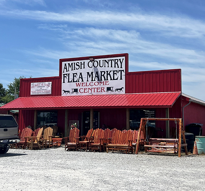 The Amish Country Flea Market's wooden rockers stand at attention, ready for the next porch philosopher. Handcrafted comfort never goes out of style.