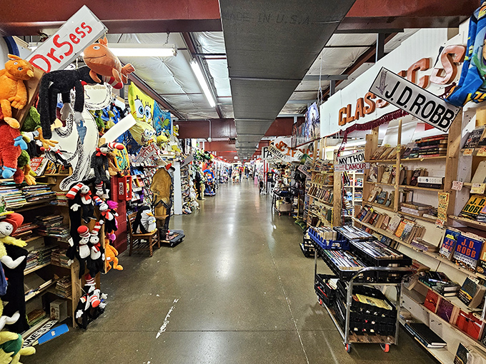 Down the rabbit hole of retail therapy. This corridor stretches into infinity, lined with plush characters on one side and vintage collectibles on the other.