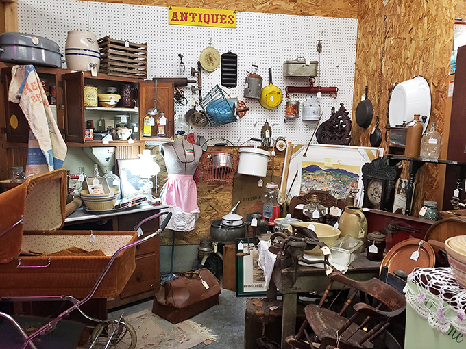 That "Antiques" sign isn't kidding&mdash;this booth contains more history than most libraries, just with better decorating potential.