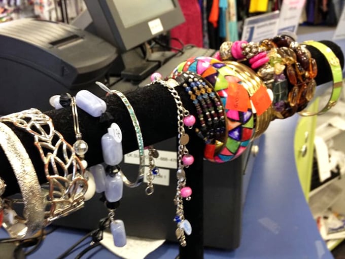 Arm candy galore! From delicate chains to statement pieces, the jewelry display offers instant personality upgrades for pocket change.