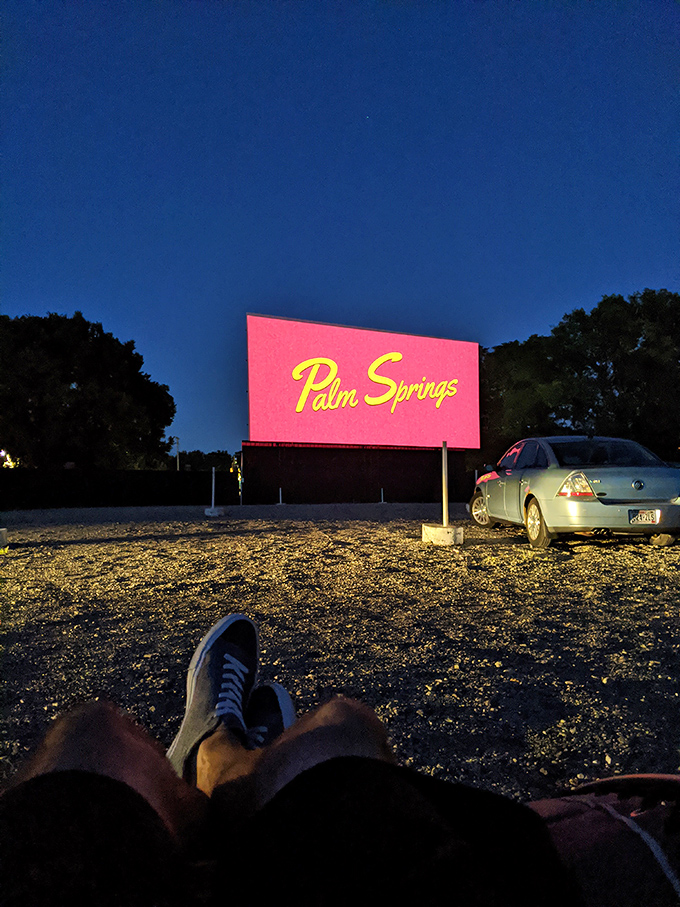 Feet up, worries down. The pink glow of the screen illuminates the night as "Palm Springs" begins its desert tale.