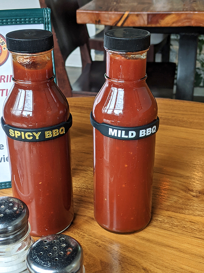 The sauce duo &ndash; mild and spicy &ndash; standing at attention like faithful companions ready to enhance (but never mask) that beautiful smoke flavor.
