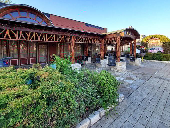 This rustic-chic patio at what appears to be a restaurant offers the perfect setting for Texas evenings when the heat finally relents and conversation flows.