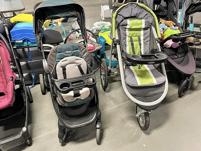 Stroller central! Gently used baby buggies stand at attention, ready to roll with the next generation of tiny explorers around Greenville.