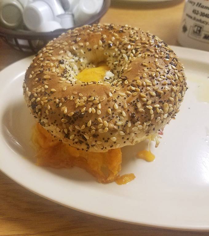 Everything bagel perfection&mdash;seeds clinging to a golden exterior while melted cheese makes a dramatic escape. Morning salvation in circular form.