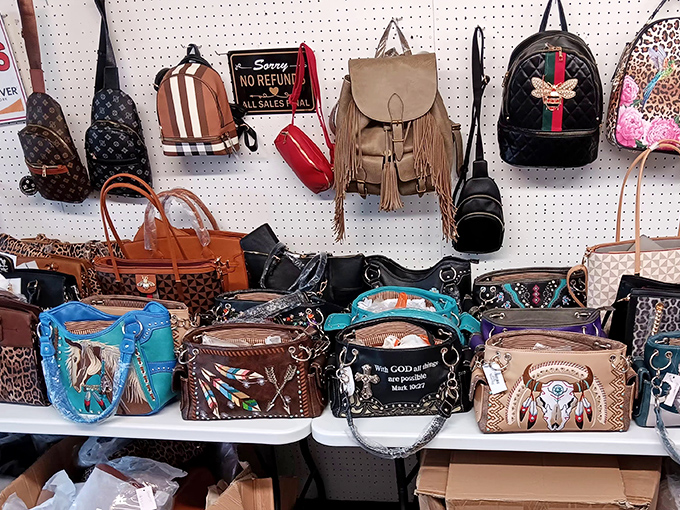 Bag bonanza with everything from faux-designer to genuine Texan. That fringe backpack is practically begging for a road trip.