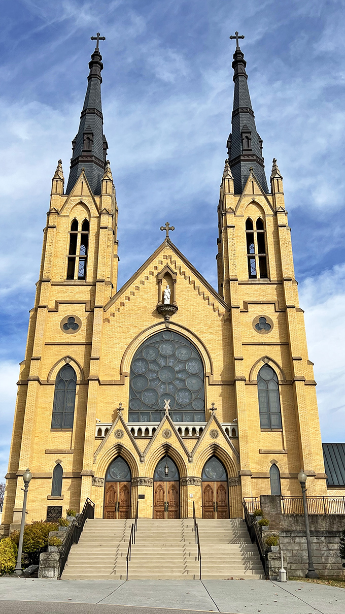 St. Andrew's Catholic Church reaches skyward with twin spires that seem to say, "Yes, we know Gothic architecture, and we're not afraid to use it."