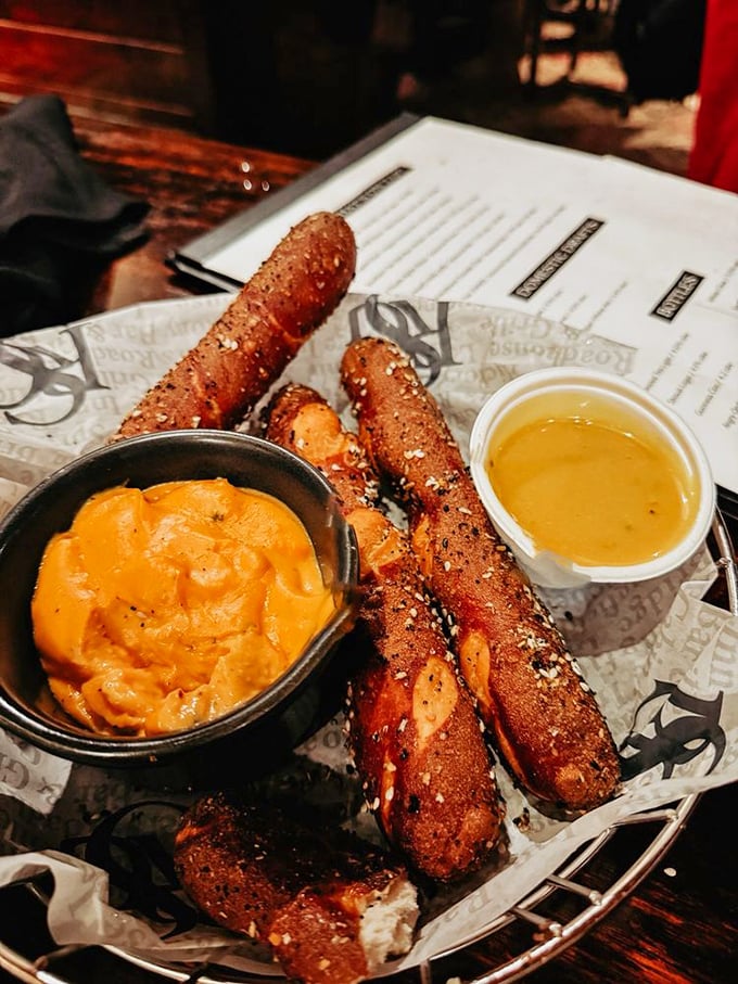 Bavarian pretzels with dipping sauces that turn "I'll just have one bite" into the biggest lie you'll tell yourself today.