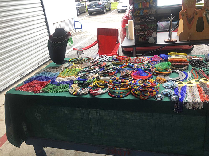 Beads, bangles, and bling galore! This colorful jewelry display is like a treasure chest that somehow washed ashore from a rainbow pirate ship.
