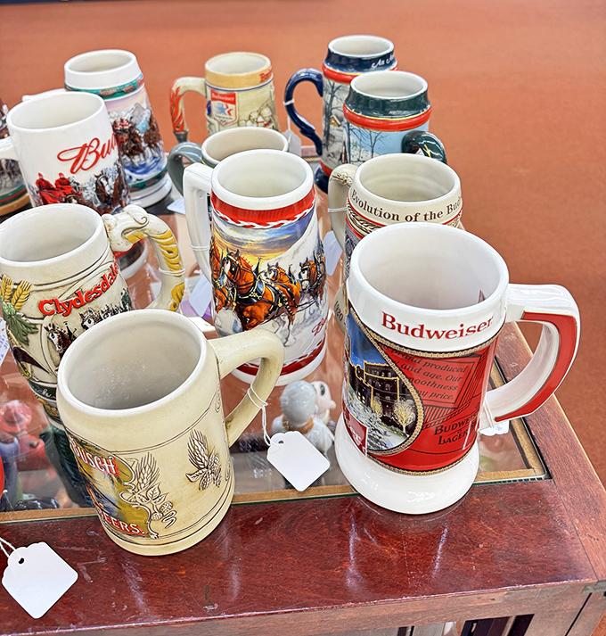 Beer steins that have seen more celebrations than a wedding DJ. That Budweiser one is practically begging to tell stories.