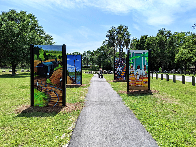 Art meets recreation on this trail at Scott Springs Park, where painted panels transform a simple walk into a gallery stroll without the pretentious wine.