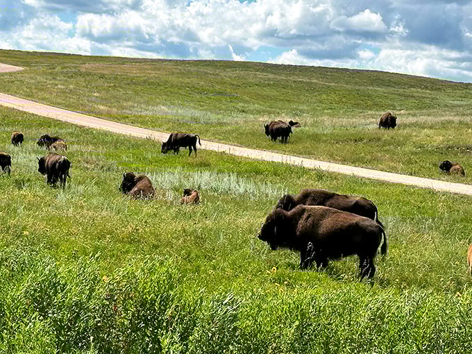Buffalo grazing peacefully along the Wildlife Loop Road create traffic jams nobody minds, because where else does this happen in real life?