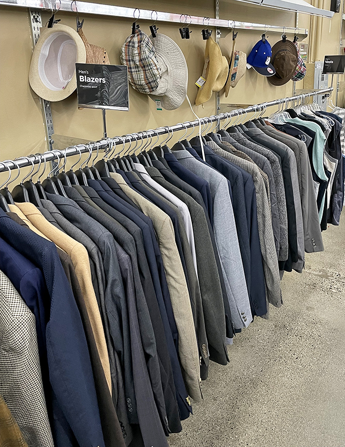 Men's blazers and hats lined up like job candidates &ndash; some distinguished professionals, others clearly from the wild side of fashion.
