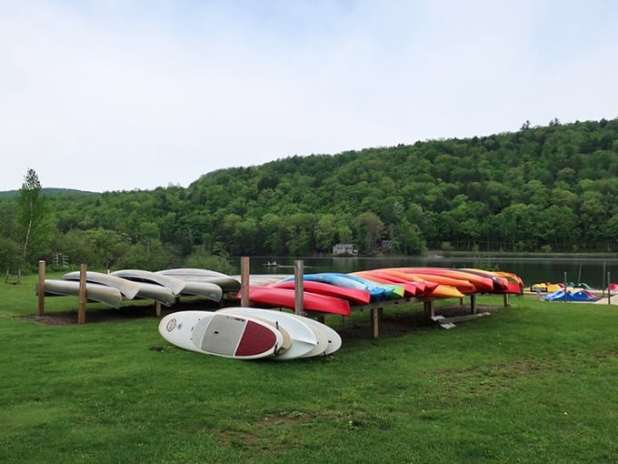 A rainbow of kayaks and paddleboards wait patiently for their next voyage. Each one promises a different perspective of Echo Lake's beauty.