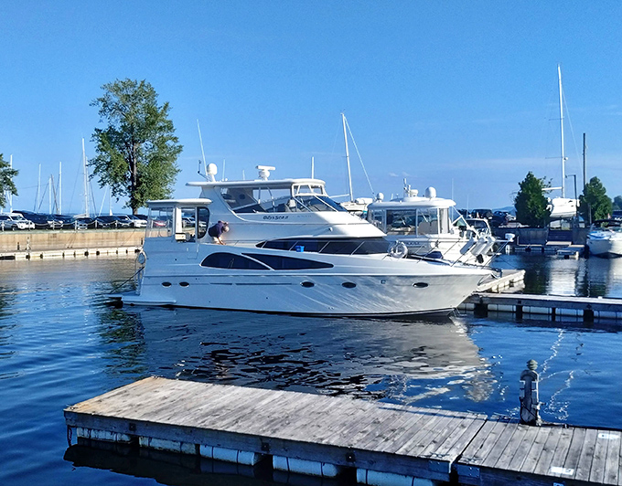 Gleaming boats bob gently at Plattsburgh Boat Basin, where Lake Champlain beckons adventurers and dreamers alike. Water therapy at its finest.