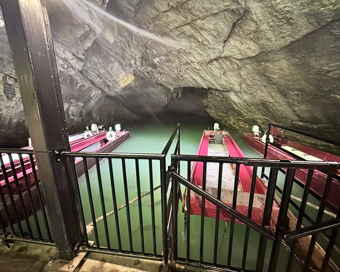 All aboard the limestone express! These vibrant red boats await their next cargo of wide-eyed explorers ready to navigate nature's underground highway.