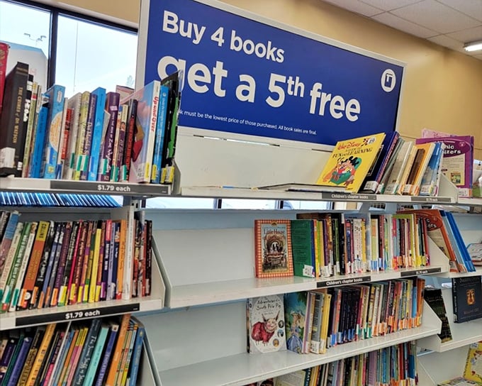 The book section offers a "buy 4, get 1 free" deal &ndash; because in Fairbanks, winter reading isn't just a hobby, it's survival.
