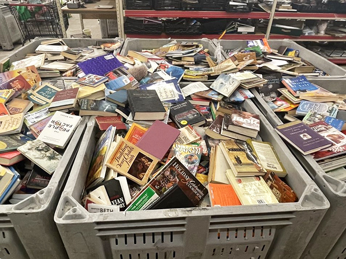 Books piled high in bins &ndash; literary chaos that would make any bibliophile dizzy with possibility.