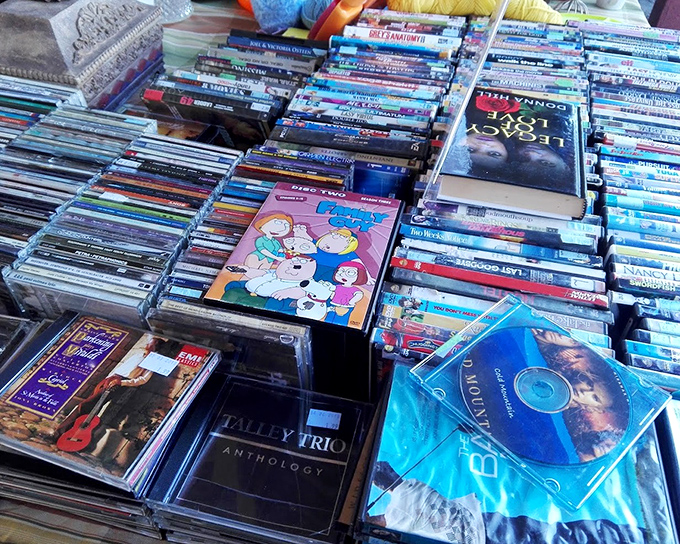 Media treasure trove! From Family Guy to forgotten films, these stacks of DVDs are like archaeological layers of pop culture history.