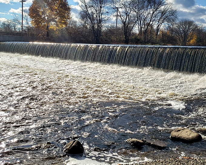 The Mill River waterfall creates nature's white noise machine in the heart of the city. Hypnotic, therapeutic, and completely free of charge.