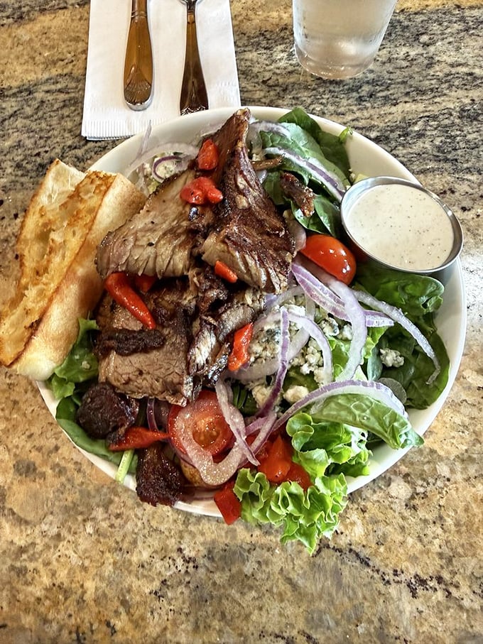 That brisket salad isn't messing around. It's what happens when a steakhouse and a garden have a beautiful, delicious baby.