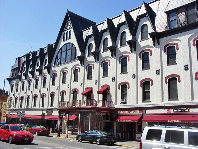 The Brockerhoff Hotel's distinctive white facade with "BROCKERHOFF HOUSE" emblazoned across it stands as a testament to Bellefonte's heyday as a bustling 19th-century hub.