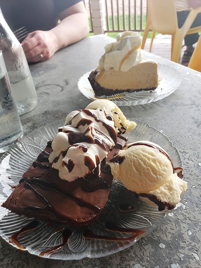 Chocolate brownie with ice cream and caramel&mdash;because sometimes you need to balance your fish intake with something gloriously decadent.