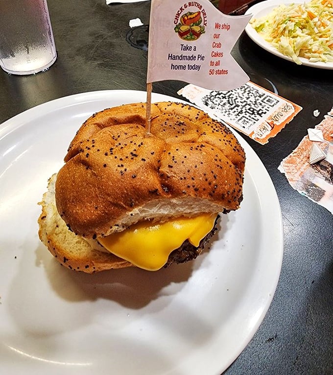 The classic American cheeseburger gets the Chick & Ruth's treatment: substantial, no-nonsense, and proudly announcing its homemade heritage with a tiny flag.