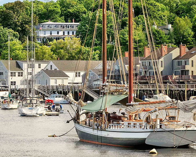 Historic schooners rest at harbor's edge, their wooden masts reaching skyward like exclamation points at the end of summer's best stories.
