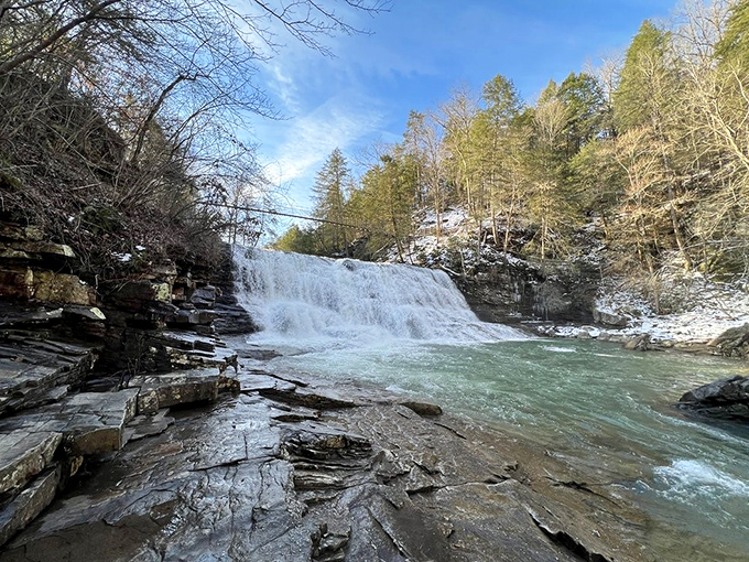 Winter transforms Cane Creek Falls into nature's snow cone. The partially frozen cascade creates an ethereal landscape worthy of fantasy novels.