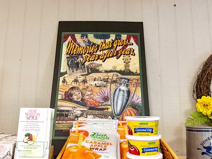 Memories that grow year after year &ndash; a nostalgic poster watches over caramel apple wraps, promising sweet traditions that connect generations through shared treats.