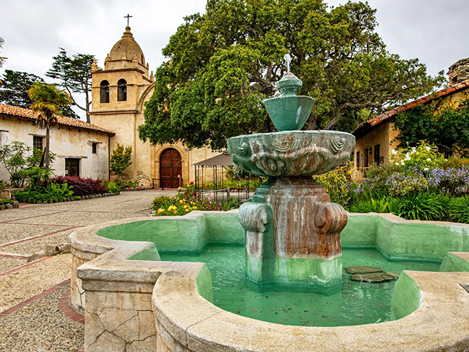 The Carmel Mission's fountain whispers stories of California's past, while that bell tower stands as if to say, "Yes, I'm still gorgeous after all these centuries."