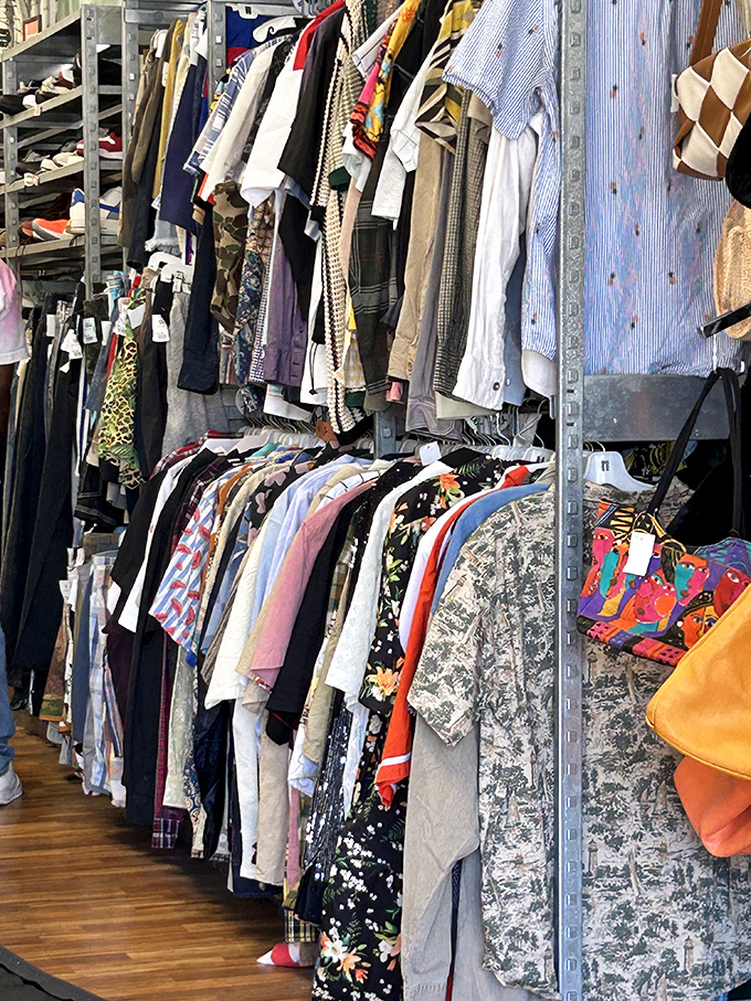 Racks of casual wear stretch into the distance, promising adventures in pattern-mixing and vintage discoveries galore today.