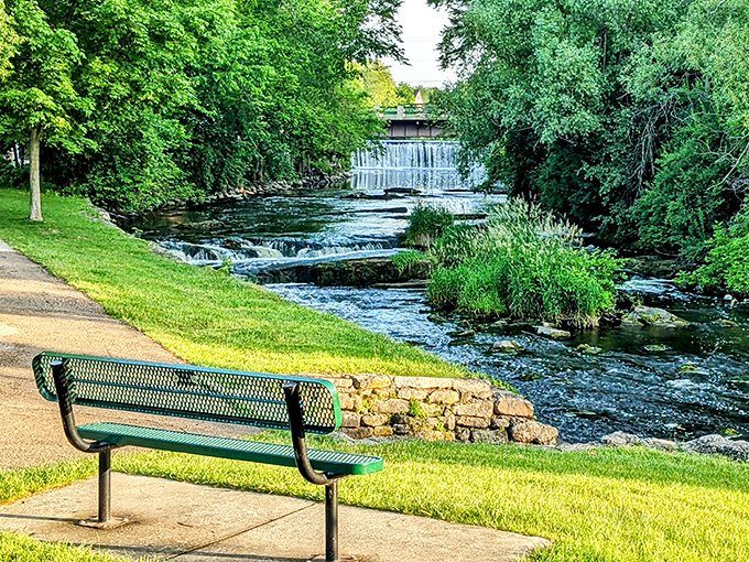 Waterside benches invite contemplation beside Cedar Creek, offering free therapy sessions nature provides without copays or appointments.