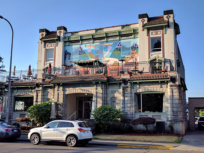 Centralia Square's historic hotel building blends architectural grandeur with whimsical details, including a colorful mural that brightens even the grayest Washington day.