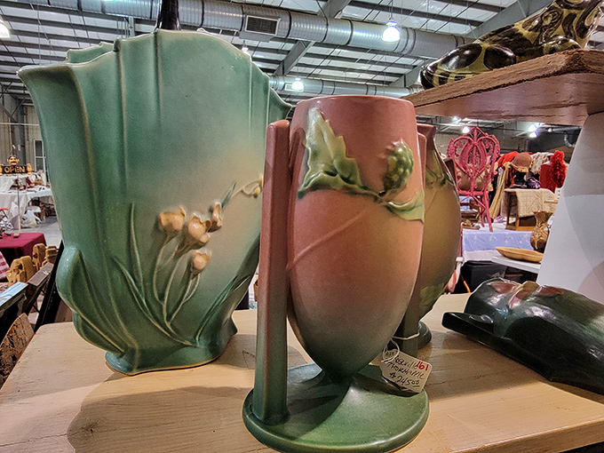 These ceramic vases showcase the gentle curves and earthy tones that made mid-century pottery an American art form.